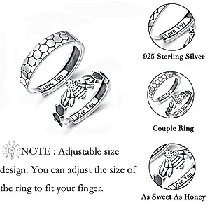 Yearace Bee Honeycomb Couples Rings Set, 925 Sterling Silver Cute Animals Bee Honeycomb Matching Ring for Couples Engraved I Love You, Adjustable Engagement Wedding Promise Ring for Him and Her