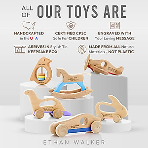 Personalized Wooden Baby Rattle Teether Gift with Baby Name Engraved – A Perfect Keepsake - Infant and Newborn Toys – Baby Girl or Boy Rattle and Teething Toy – Penguin Natural