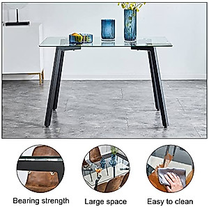 Glass Dining Table for 4-6 with Clear Rectangular Glass Top, 51 inch Modern Tempered Glass Kitchen Table with 4 Coated Metal Legs, 0.31" Thick Tabletop for Home Office Kitchen Dining Room, Black