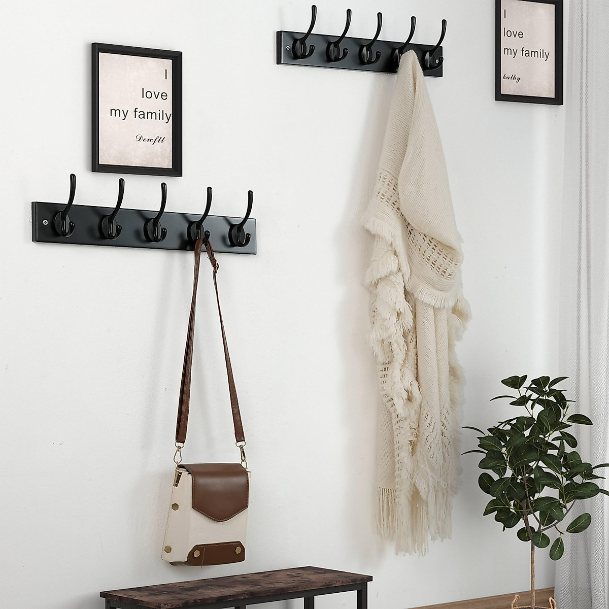 Dseap Wall Mounted Coat Rack: 16" Hole to Hole, Coat Hook Hanger with 5 Metal Hooks for Hanging Coats Towels Hats Clothes, Black