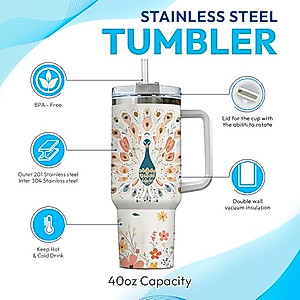 Hyturtle Personalized Unique Peacock Tumbler - Peacock Gifts For Women - Animal Present For Peafowls Lover Her - Mothers Day Present For Mom - Custom Travel Coffee Cup 40 oz With Lid Straw