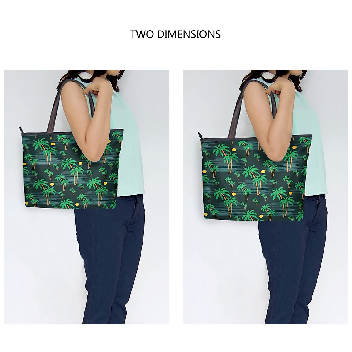 Women Tote Bag Zippered Shoulder Handbag Tropical Leaf Tote Purse with Pocket