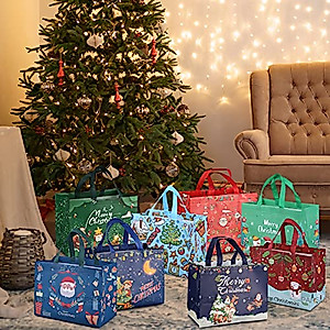 PARSUP 8PCS Christmas Gift Bags,Christmas Tote Bags with Handles, Christmas Treat Bags, Multifunctional Non-Woven Christmas Bags for Gifts Wrapping Shopping, Xmas Party Supplies, 12.8"×9.8"×6.7"