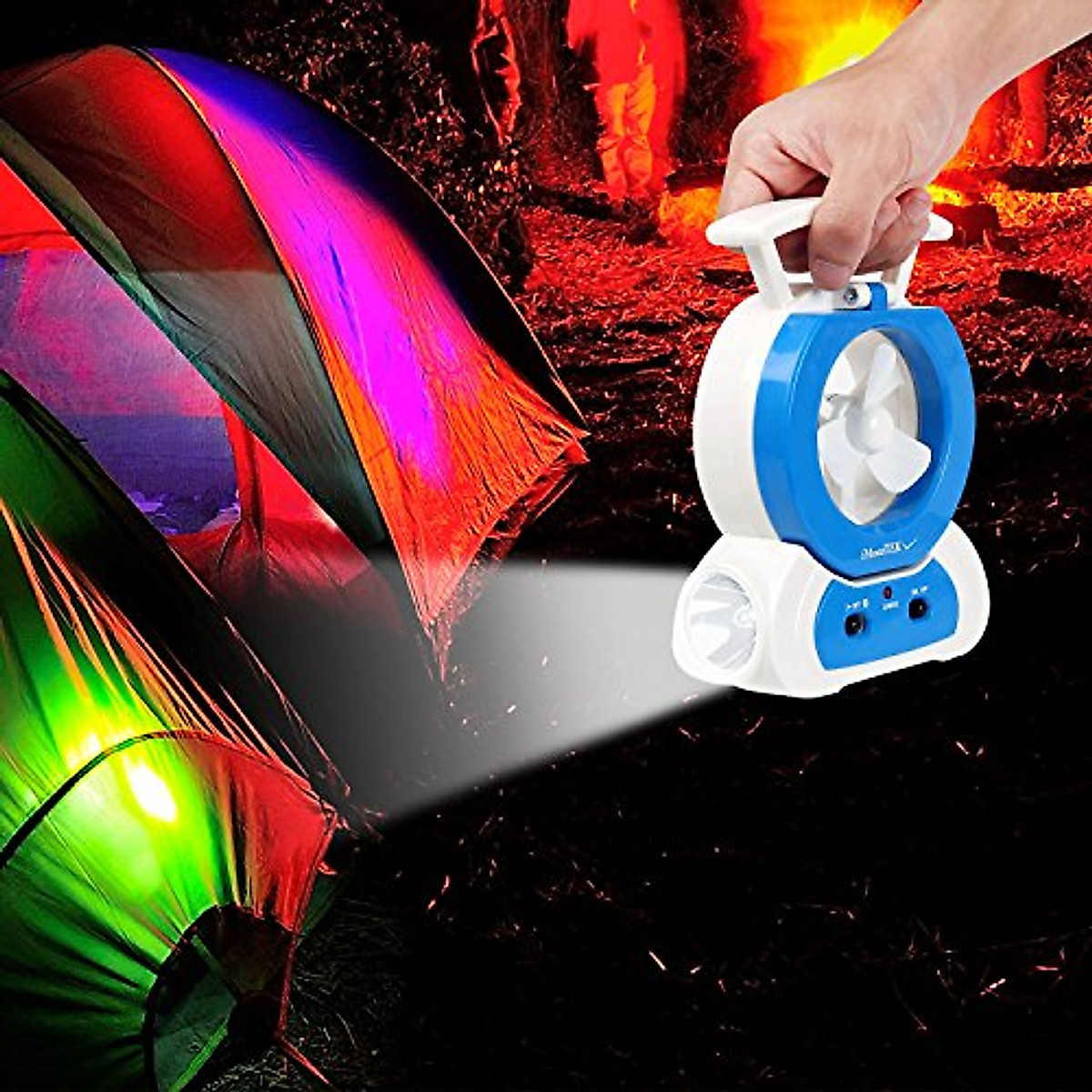 iMounTEK Mini Portable Cooling Rechargeable Electric Powered Small Quiet Desktop Table Fan W/ 22 LED Desk Lamp/Light & Powerful LED Flashlight (Blue)