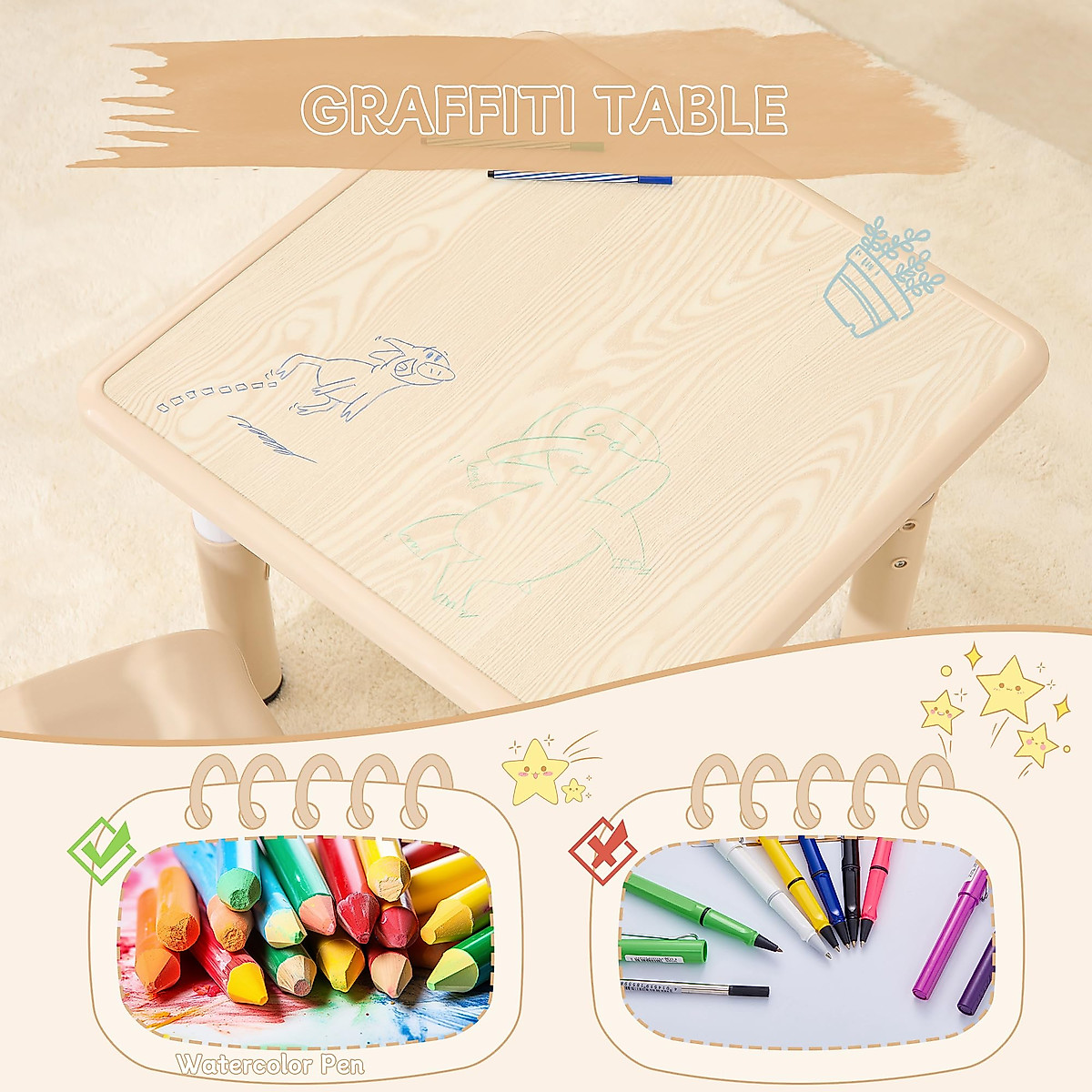 SINKIPA Kids Table and 2 Chairs Set, 23.6''L x 23.6''W Toddler Table and Chairs, Height Adjustable Kids Study Table for Ages 2-10, Graffiti Desktop Children Activity Table with Anti-Slip Foot Covers
