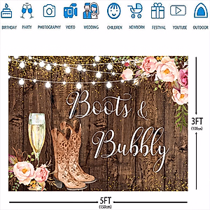 Boots and Bubbly Bridal Shower Backdrop,Rustic Brown Wood Glitter Rose Pink Flower Golden Champagne Themed Party Decorations for Wedding Decor Photo Booth Banner 5x3ft