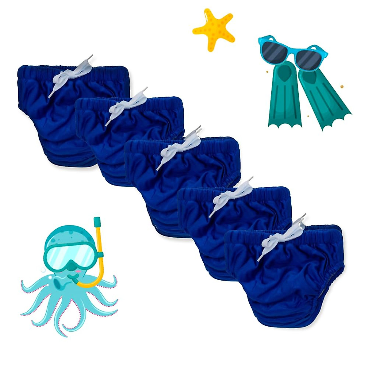 KaWaii Baby Best Fitting Reusable Swim Cloth Diaper Soft Stretchy Mesh Inner, Training Pant, Lightweight, Comfortable, Swimming Lessons, Unisex, Blue, Pack of 5 (M) 24–35 lbs