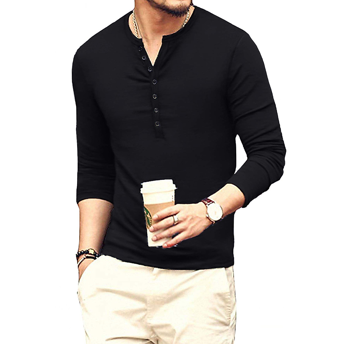 YTD Mens Casual Slim Fit Basic Henley Long Sleeve Fashion T-Shirt XXL Black