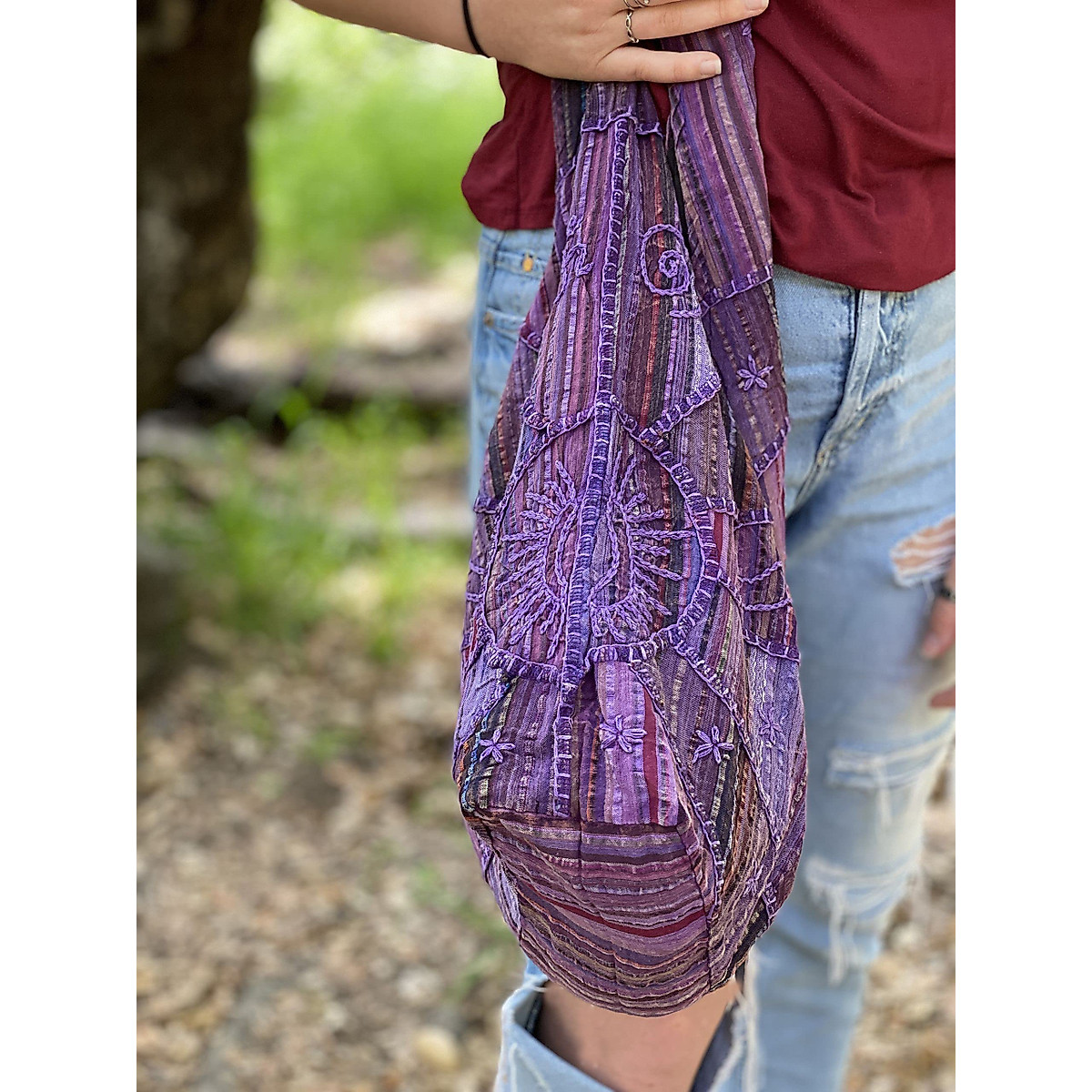 Hand Embroidered Peace and Sunrise Boho Crossbody Hippie Handbag - Unique, Ethical, and Vibrant for the Free-Spirited Soul (Purple)