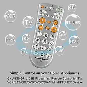 Remote Control Combinational Universal Learning Controller Chunghop L108E for TV/SAT/DVD/CBL/DVB-T/AUX Big Button