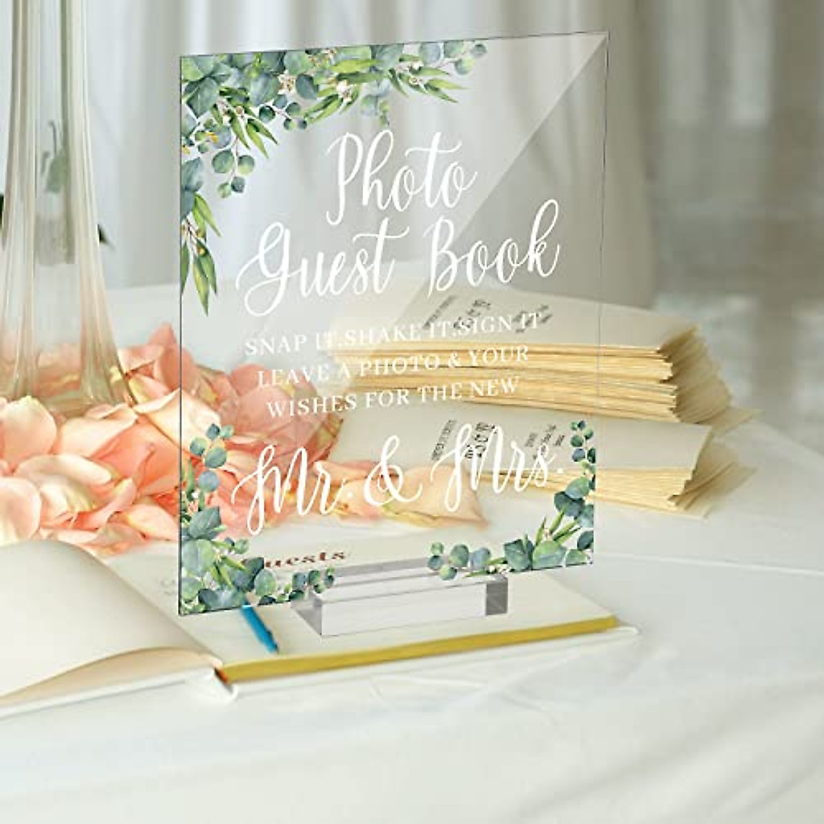 8 x 10 In Wedding Signs for Ceremony and Reception Wedding Photo Booth Sign Guest Sign in Book Clear Acrylic Wedding Sign Wedding Welcome Sign with Base Eucalyptus Leaves Guestbook Message Decoration