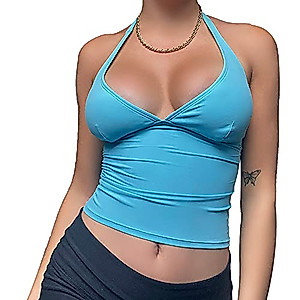 DREAM SLIM Women's Tie Back Halter Crop Top Sexy Deep V Neck Sleeveless Tie Back Camisole Casual Workout Tank Tops (Blue, S)