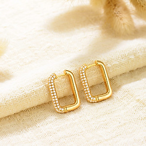 MEVECCO Gold U Shape Huggie Hoop Earrings 18K Gold Plated Dainty Cubic Zirconia Oval Huggie Earring for Women Cute minimalist Fashion Hoops Sleeper Earrings Jewelry