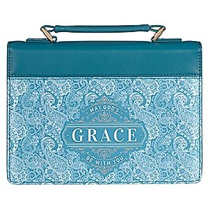 Christian Art Gifts Teal Vegan Leather Fashion Bible Cover for Women: God's Grace Be with You - Inspirational Book Carry Case w/Cute Paisley Pattern, Silver Zipper, Pockets & Pen Storage, Large