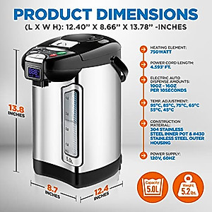 NutriChef Digital Water Boiler and Warmer - 5L/5.28 Qt Stainless Electric Hot Water Dispenser w/LCD Display, Rotating Base, Keep Warm, Auto Shut Off, Safety Lock, Instant Heating for Coffee & Tea