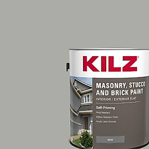 KILZ Self-Priming Masonry, Stucco and Brick Paint, Interior/Exterior, Flat, Gray, 1 Gallon