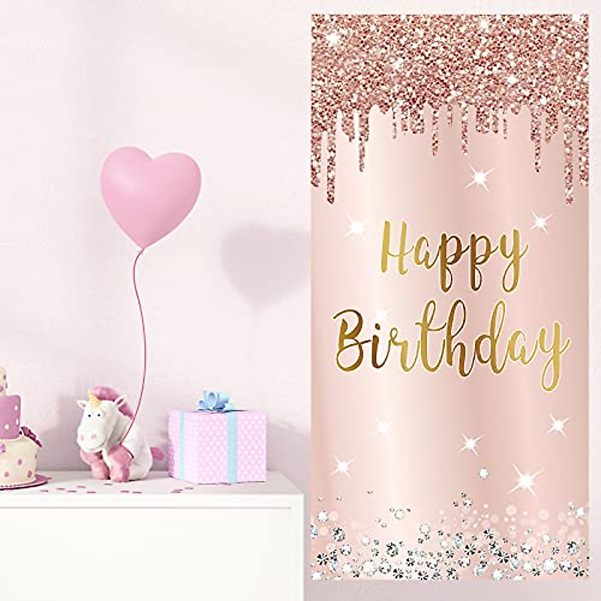 Pink Rose Gold Happy Birthday Door Banner Decorations, Happy Birthday Door Cover Backdrop Party Supplies for Women, Large 16th 21st 30th 40th 50th Birthday Poster Sign Decor