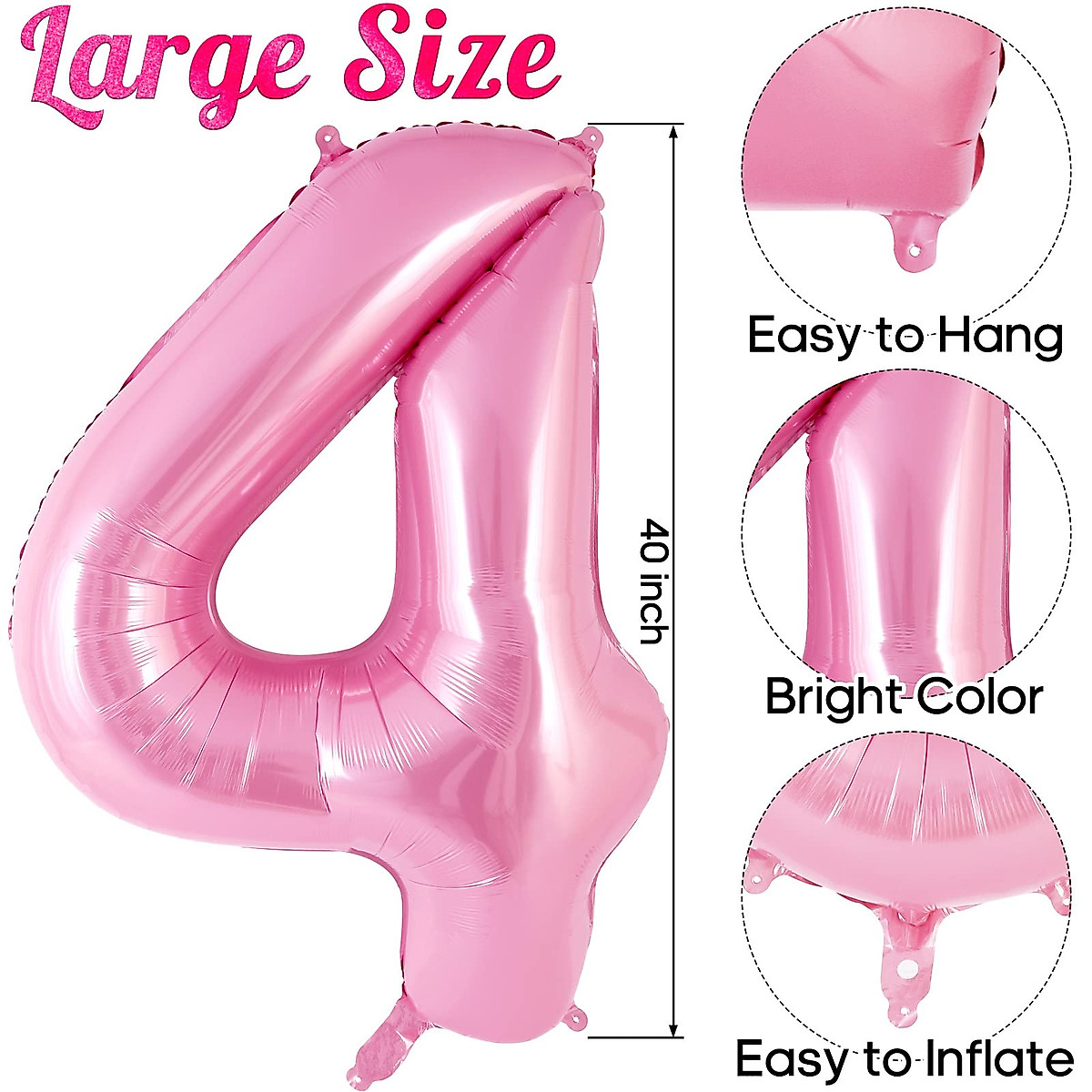 Pink Number 4 Balloon 40 Inch, Big Large Foil Helium Number Balloons, Jumbo Giant Mylar Number 4 Balloons for 4 Year Old Birthday Party Decorations Supplies Anniversary Celebration