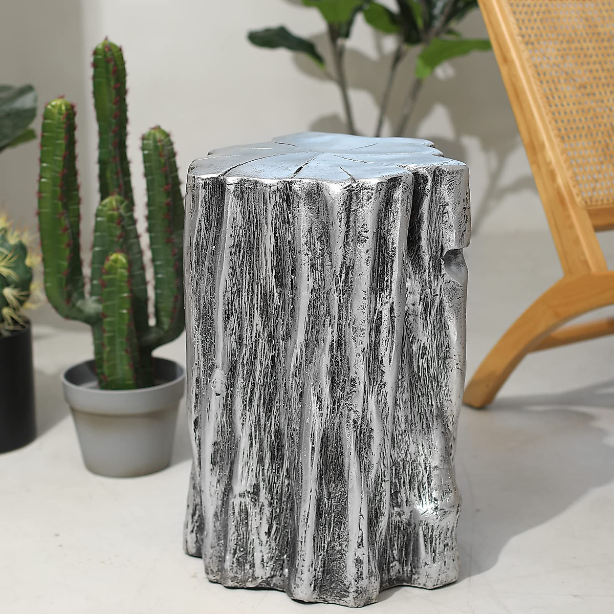 Tree Stump Trunk Side End Table, Faux Wood Patio Table, Garden Stool, Plant Stand, for Indoor Outdoor Courtyard Living Room, 14"X14"X20", Silver