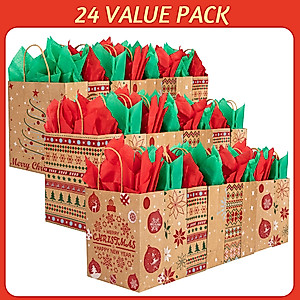 24 Christmas Kraft Gift bags 7.25 x 9 x 3.5 with 24 Tissue Papers for Xmas Exchange, Party Favors Paper Goodie Bags