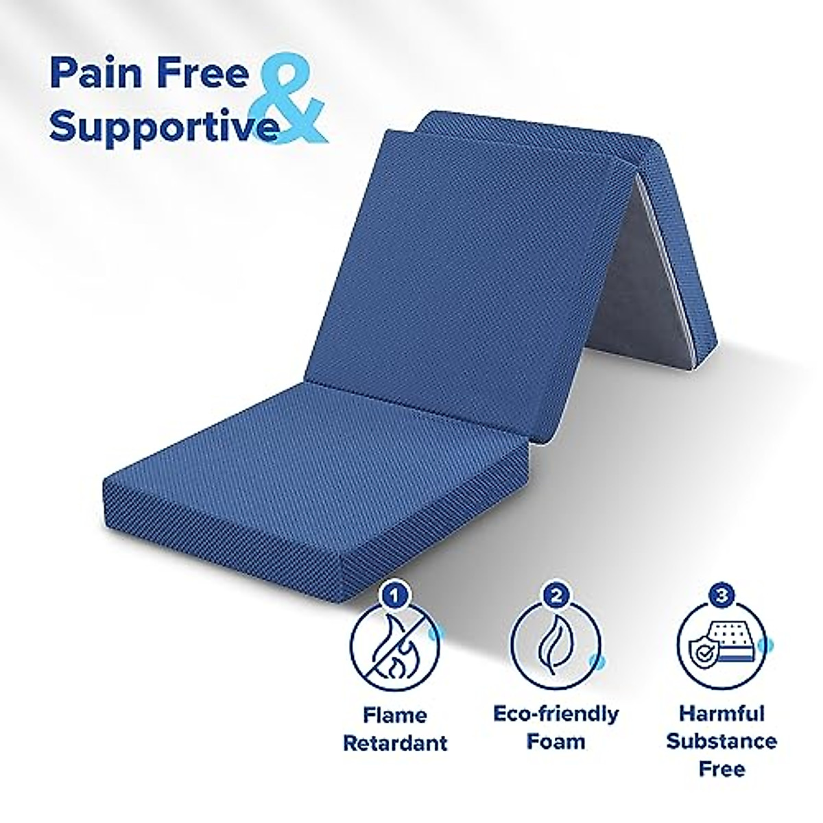 Olee Sleep Tri-Folding Memory Foam Mattress Topper, 4 Inch Gel Folding Mattress for Camping, Foldable Guest Bed, CertiPUR-US Certified, Soft, Blue, Twin Size