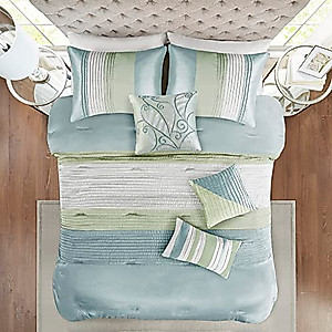 Madison Park Amherst Faux Silk Comforter Set-Casual Contemporary Design All Season Down Alternative Bedding, Matching Shams, Bedskirt, Decorative Pillows, Queen(90"x90"), Green, 7 Piece (MP10-846)