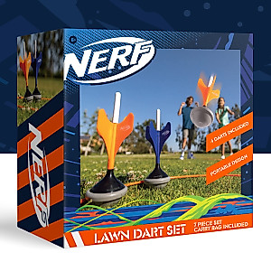 Nerf Soft Tip Lawn Dart Set, Outdoor Backyard Game for Kids & Adults, Includes 4 Lawn Darts, 2 Target Rings, Storage Bag, Fun & Safe Summer Activity for Beach, Yard, Camping, Pool