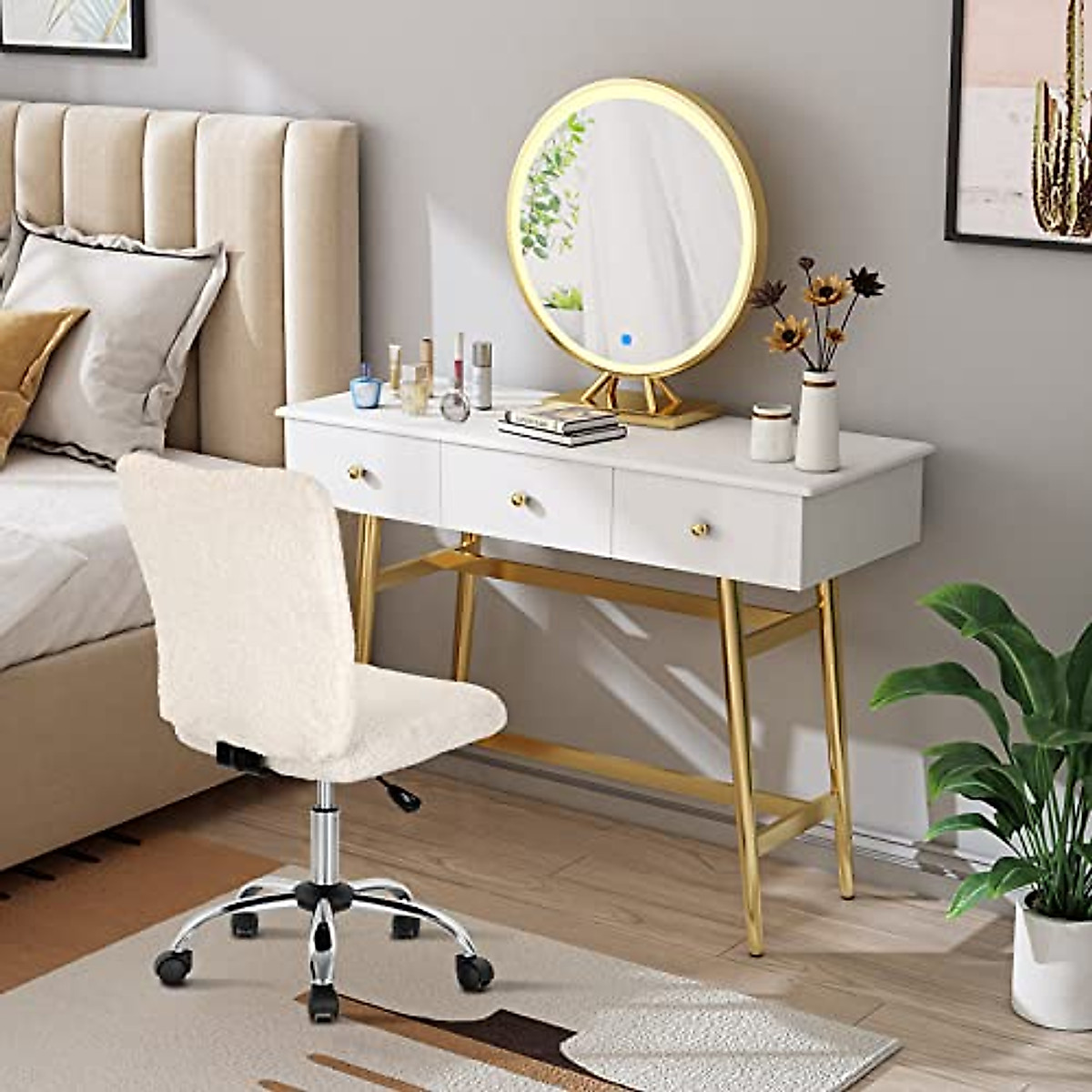 Giantex Faux Fur Office Chair, Armless Home Desk Chair, Height Adjustable Swivel Cute Chair, Middle Back Chair w/Chrome Base, Modern Fuzzy Vanity Chair, Rolling Task Chair for Study Bedroom (Ivory)