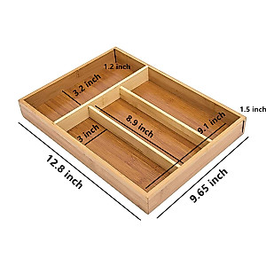 2 Pack Utensil Bamboo Silverware Organizer - 4 Compartments - Bamboo Hardware Jewelry Drawer Holder Kitchen Knives Tray Organizer
