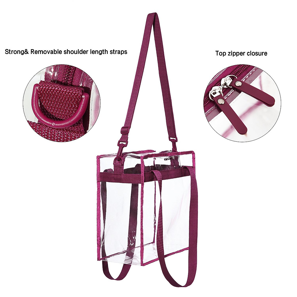 BAGAIL Clear bags Stadium Approved Clear Tote Bag with Zipper Closure Crossbody Messenger Shoulder Bag with Adjustable Strap(12 Inch X 12 Inch X 6 Inch,Burgundy)