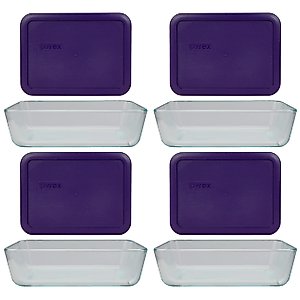 Pyrex (4 7210 Glass Dishes & (4) 7210-PC Plum Purple Lids Made in the USA