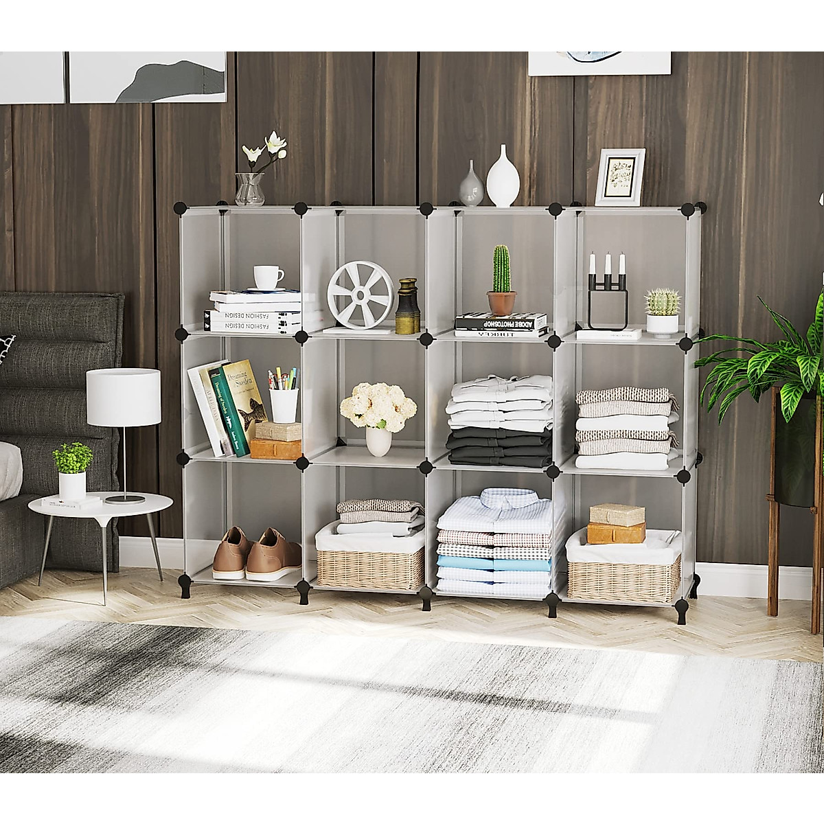 AWTATOS Cube Storage Organizer Modular Storage 12 Cube Bookshelf DIY Plastic Closet Storage Shelves with Wooden Mallet, Ideal Storage Solution for Home, Office, Bedroom, Translucent White