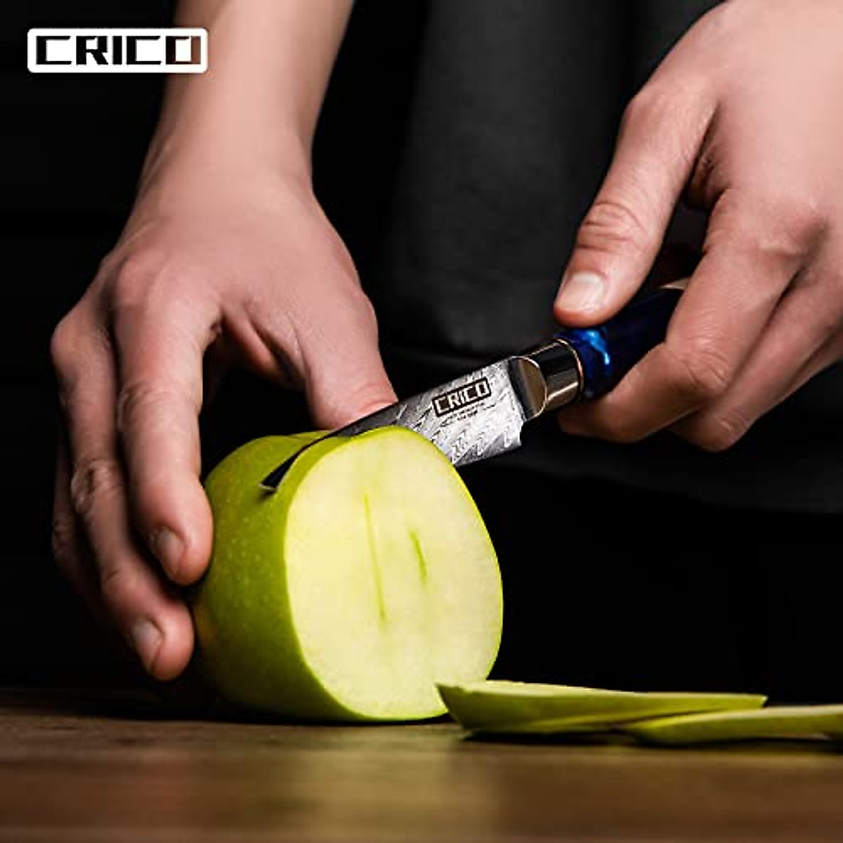 CRICO Paring Knife 3.5 inch Fruit Knife, Small Kitchen Knives, VG10 Damascus Super Steel 67-Layers, Full Tang Wood&Resin Handle, Gift Box - Flow Series