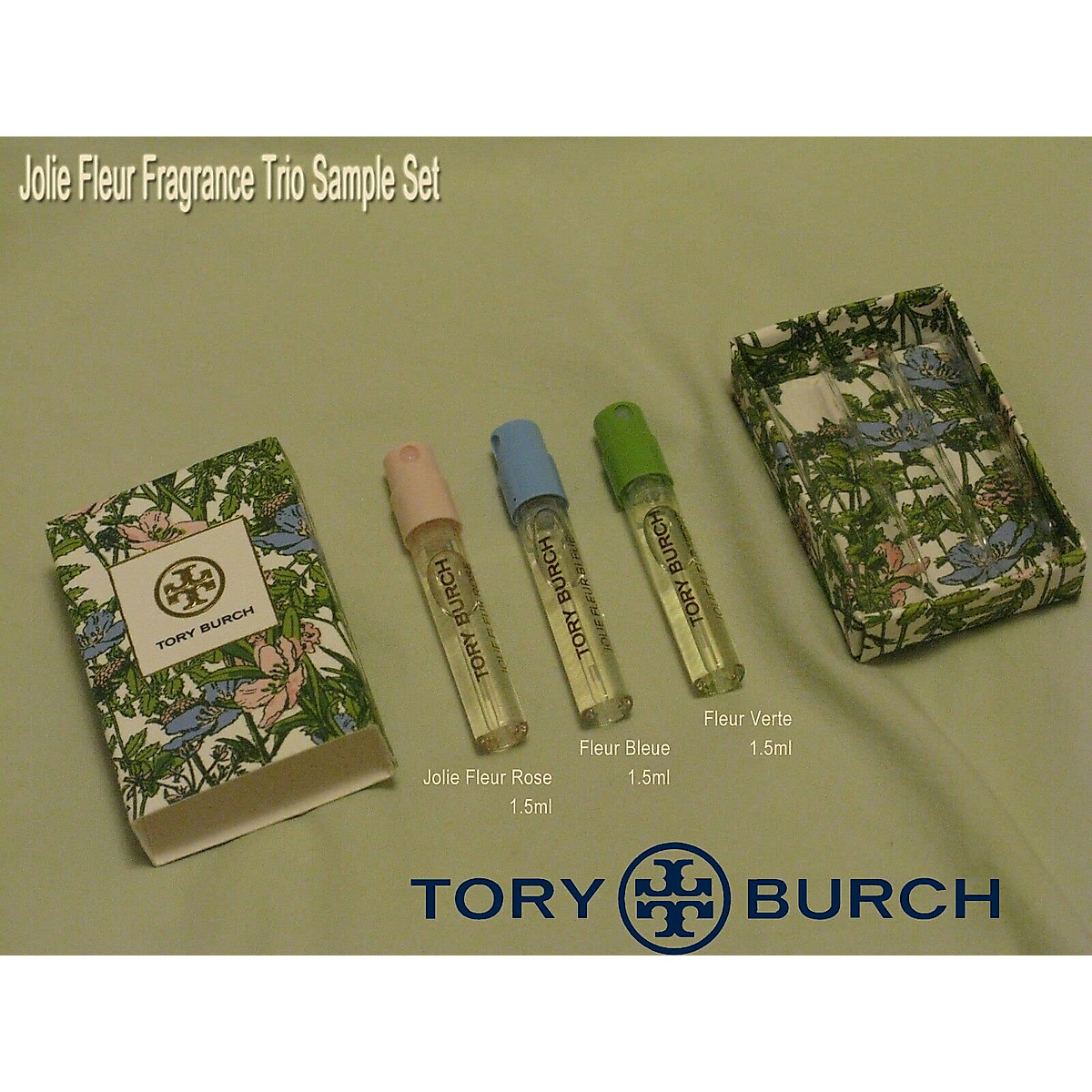 Tory Burch Set of 3 Eau de Parfum Sample Sprays: Jolie Fleur Rose, Fleur Bleue, and Fleur Verte - .05 oz each
