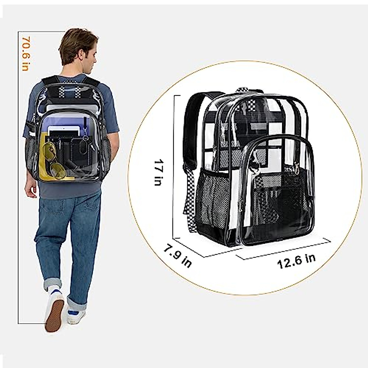 PAMANO Clear Backpack Transparent Heavy Duty Bookbag See Through Bag for College Work Travel Security, Black