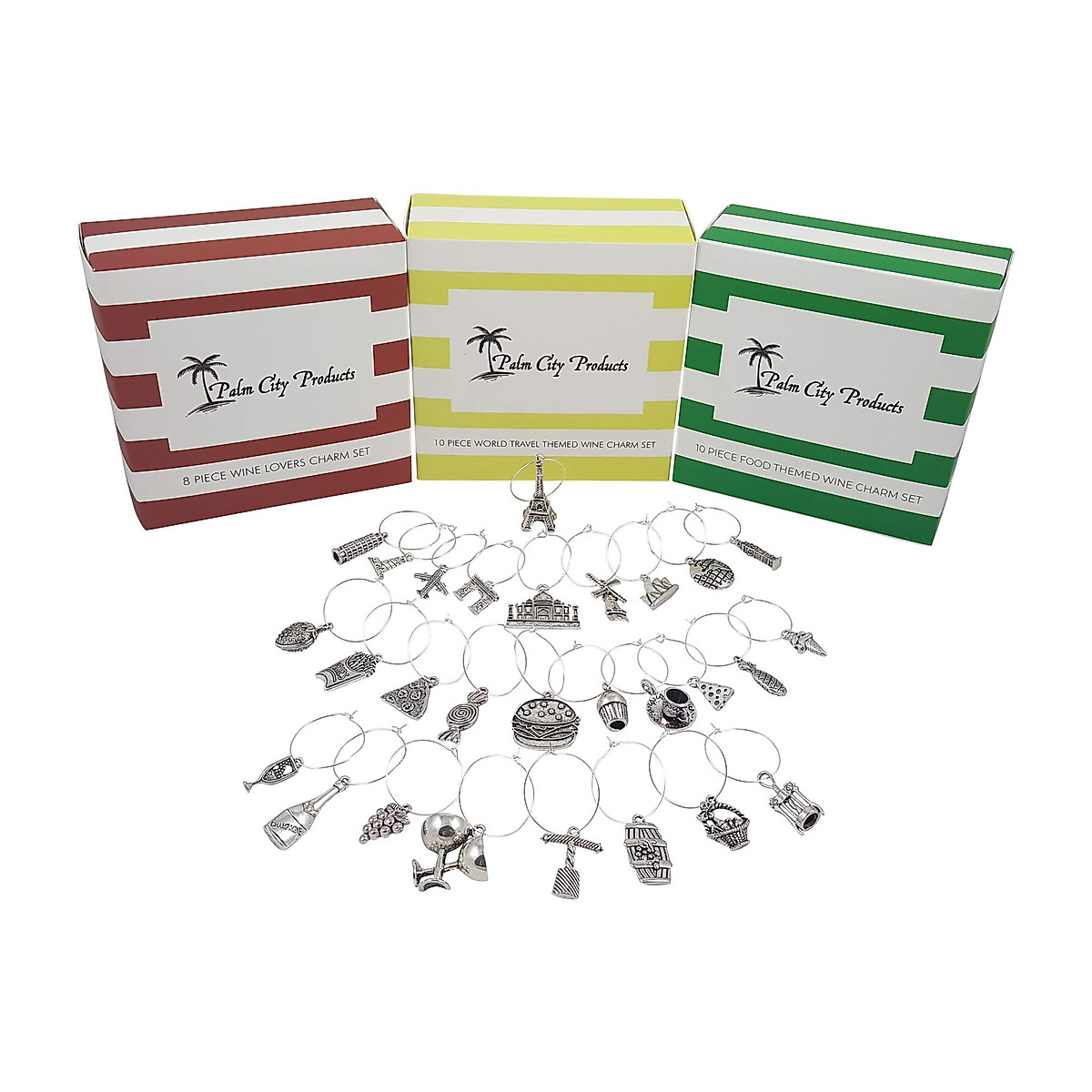 Palm City Products Around the World Wine Charm Set with Food, Wine, and Travel Themed Sets - 28 Piece Bundled Set
