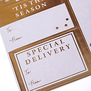 Graphique Shimmering White Gift Labels | 52 Self-Adhesive Christmas Stickers | 13 Designs with Gold Foil Accents | to and from Names | for Holiday Wrapping Paper & Gift Bags