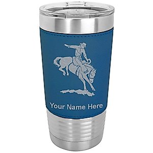 LaserGram 20oz Vacuum Insulated Tumbler Mug, Bronco Rider, Personalized Engraving Included (Faux Leather, Blue)