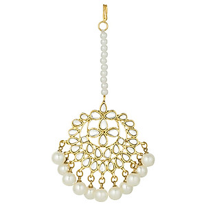 Aheli Ethnic Wedding Wear Faux Kundan Beaded Necklace (White) with Maang Tikka Set Indian Fashion Jewelry for Women