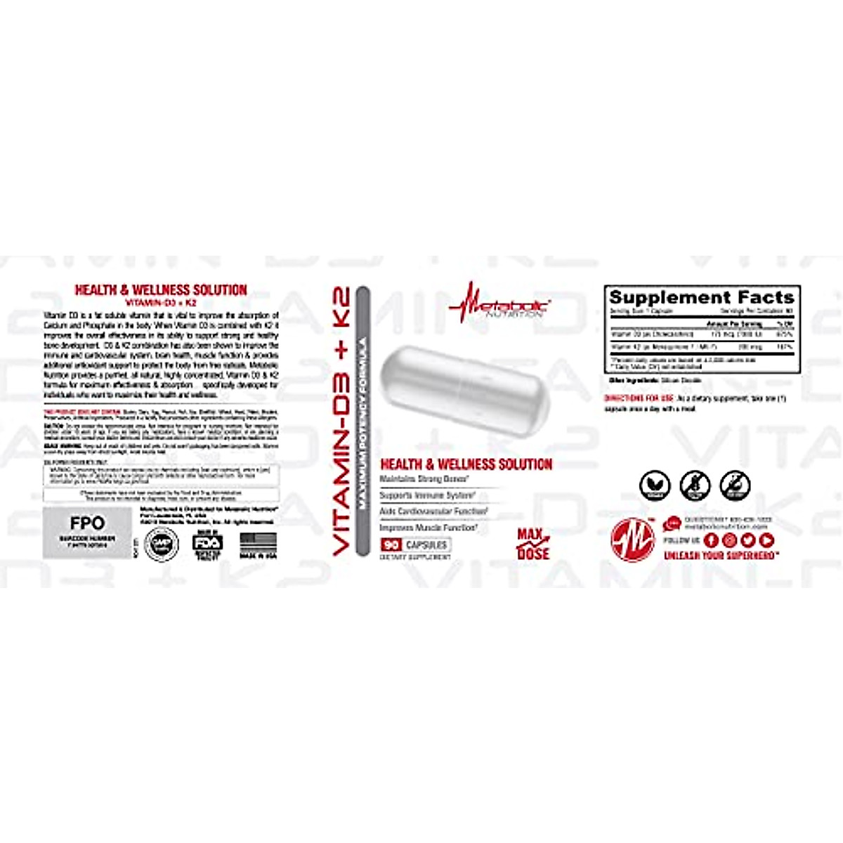 Metabolic Nutrition Vitamin D3 + K2, Bone and Heart Health Formula, Immune Support, 90 Veggie Caps Max Dose