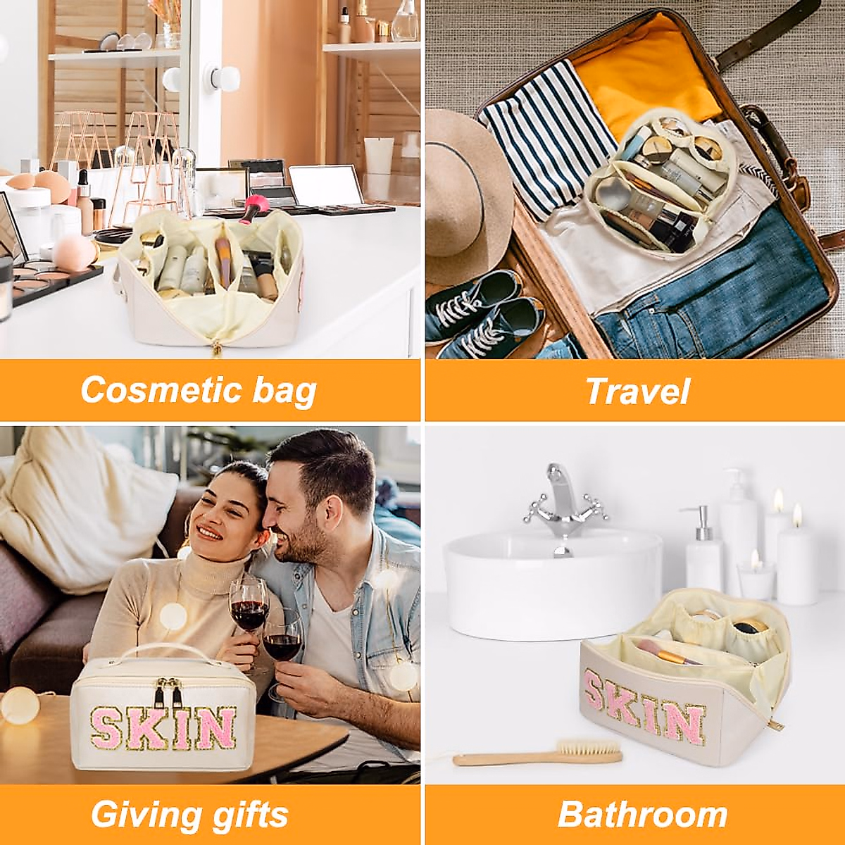 JOINDO Large Capacity Skincare Bag, Chenille Letter Preppy Makeup Bag, PU Leather Large Capacity Travel Cosmetic Bag with Divider and Handle, Gift for Women