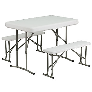 Flash Furniture Rowan 3 Piece Portable Plastic Folding Bench and Table Set,Granite White