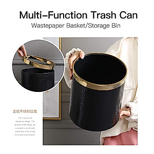 Huaqinglian Small office trash can garbage can Metal Open top wastebasket bin with removable gold ring which for hold garbage bag for Bathroom,Living room,bedroom Using (Black Crocodile Pattern)