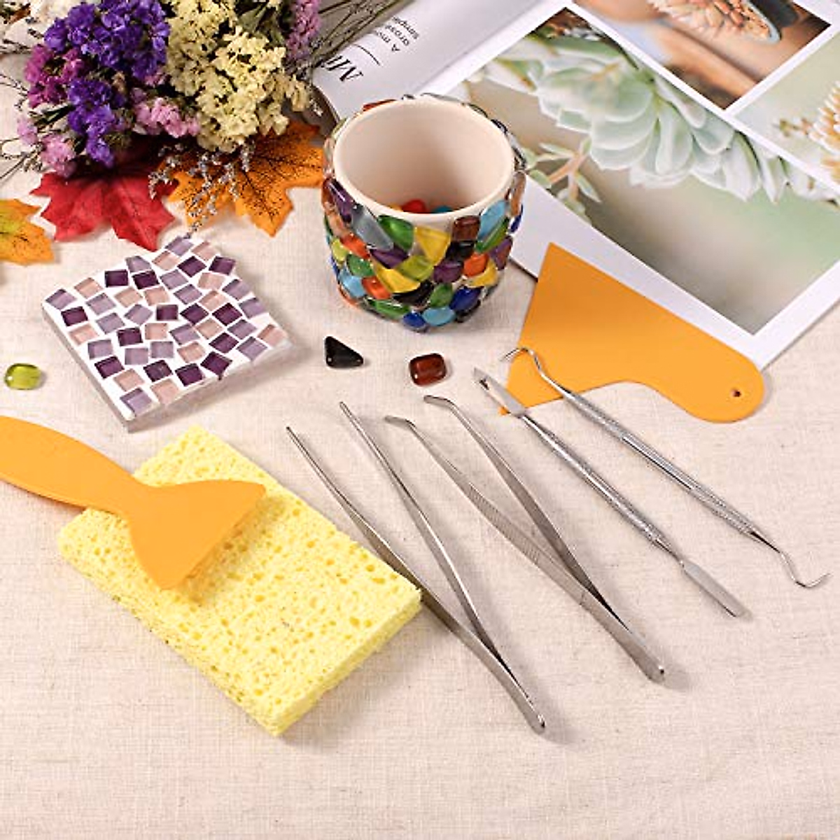 Whaline 7 Pieces Mosaic Tools, Mosaic Tweezers Tile Beginner Setwith 2 Scrapers, 2 Tweezers, 1 Double-EndedHook, 1 Spatula, 1 Sponge