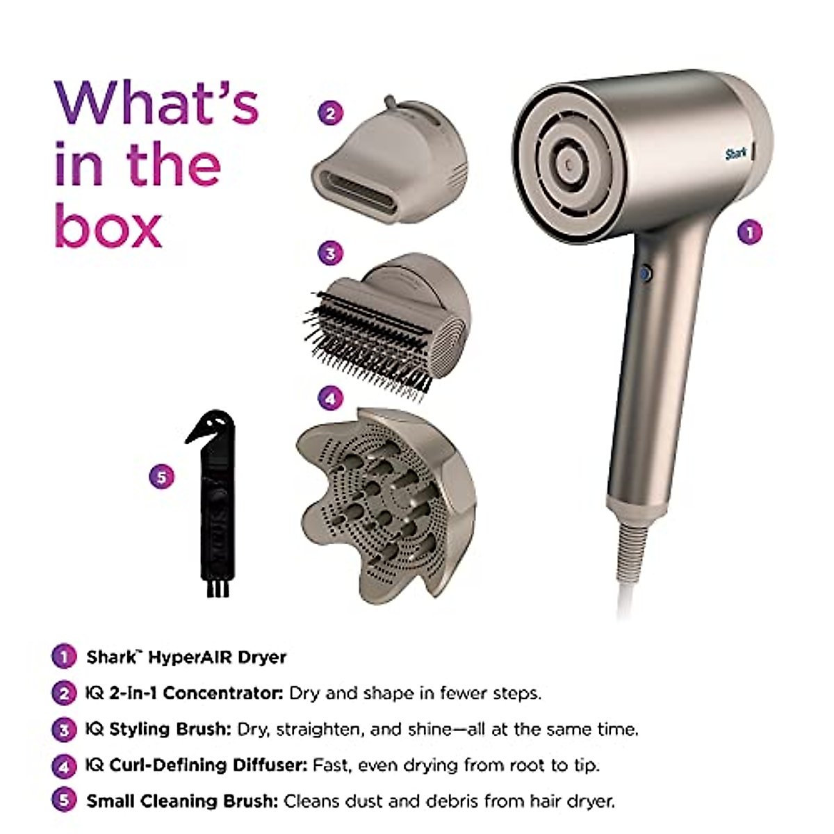 Shark HD120BRN Blow Dryer HyperAIR Fast-Drying with IQ 2-in-1 Concentrator, Styling Brush, and Curl-Defining Deep Diffuser Attachments, Ionic, No Heat Damage, for All Hair Types, Stone