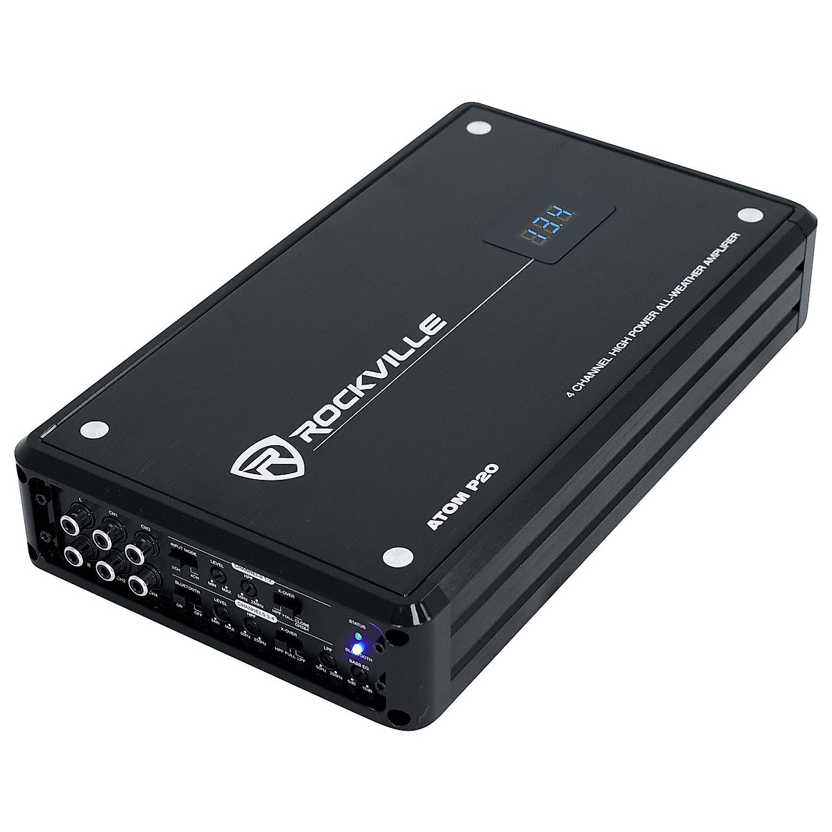 Rockville Atom P20 Marine/ATV/Car Bluetooth Amplifier 1600w Peak/440w RMS 4 Channel w/Volt Meter, Black