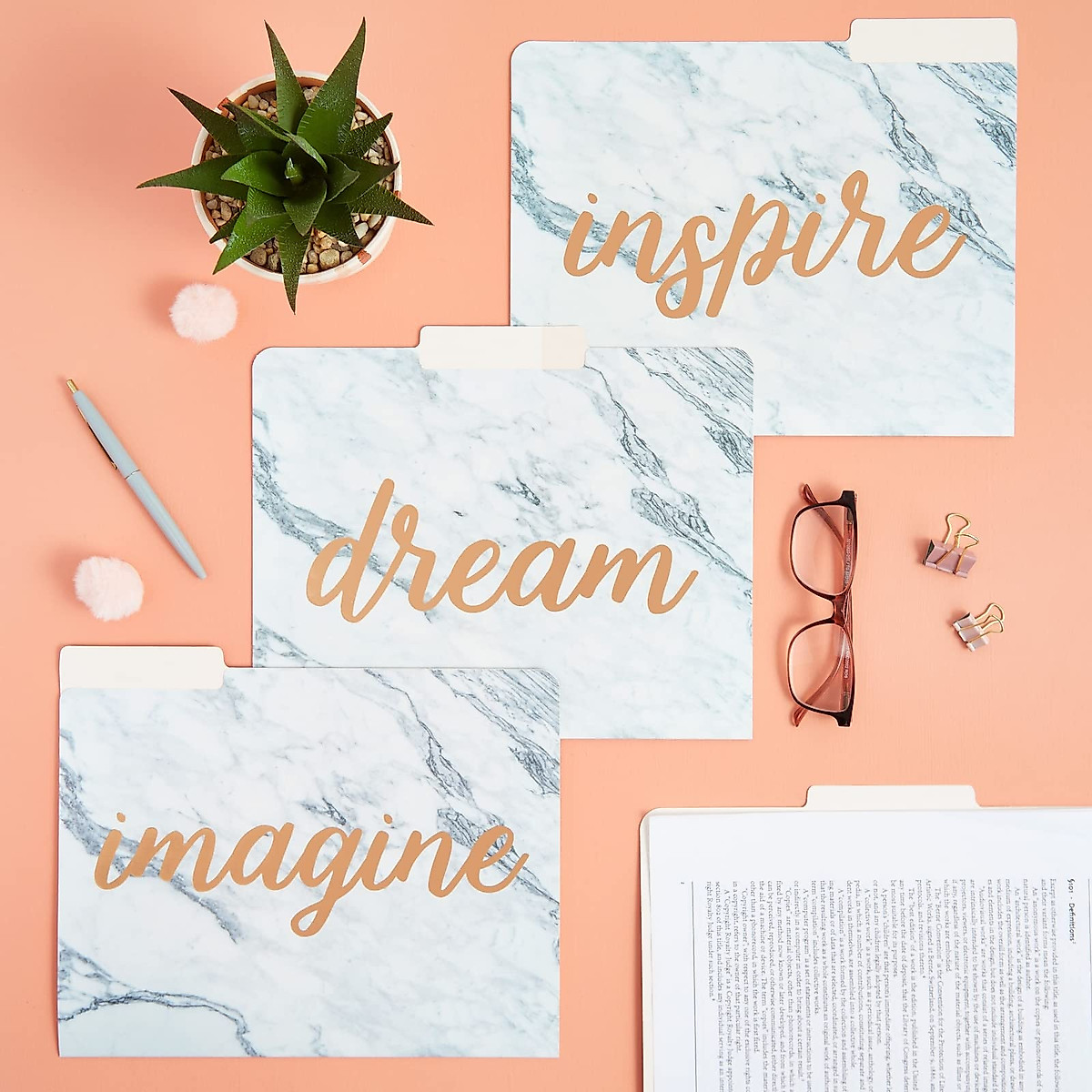 12 Pack Marble Decorative File Folders, Letter Size for Women, Cute Rose Gold with 1/3 Cut Tabs for Women, 6 Inspirational Designs (9.5 x 11.5 in)