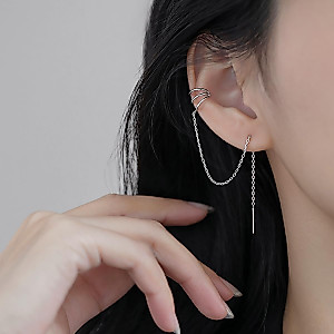 SLUYNZ 925 Sterling Silver Ear Cuff Earrings Chain for Women Crawler Earrings Wrap Helix Climber Earrings (A-Silver)