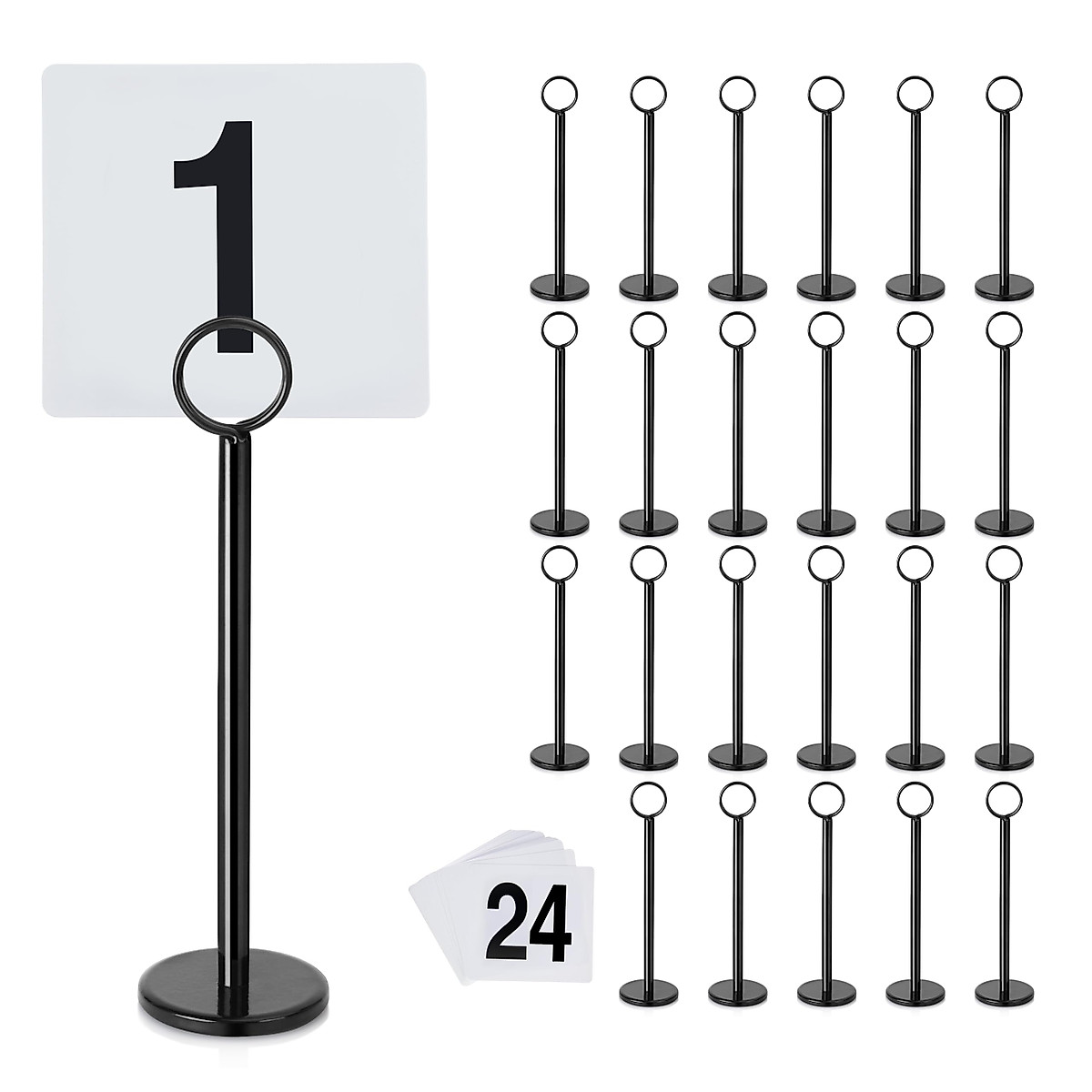 New Star Foodservice 27693 Ring Clip Table Number Card Holders, w/Number Cards, 1 to 24, Set of 24, 8-Inch, Black Stand