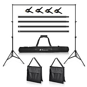 Photo Backdrop Stand, Photography Backdrop Stand, 10Ft Adjustable Background Stand Kit for Studio, Parties, Wedding, with 4 Crossbars, 4 Backdrop Clamps, 2 Sandbags, and Carrying Bag